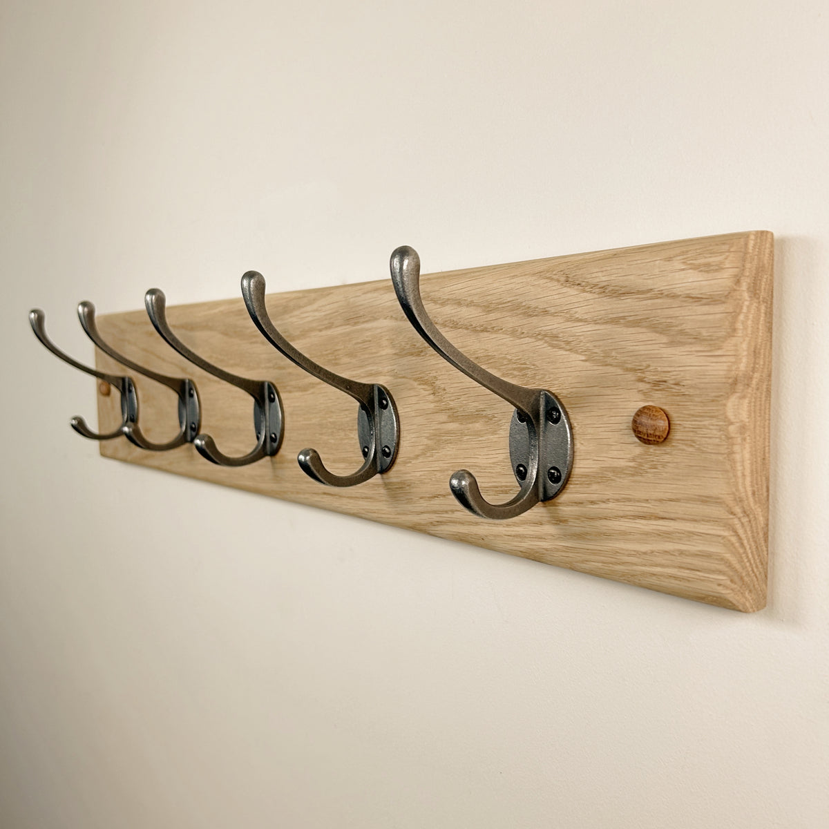 Oak Coat Rack with Integrated Shelf - Polished Cast Iron Double Hooks ...