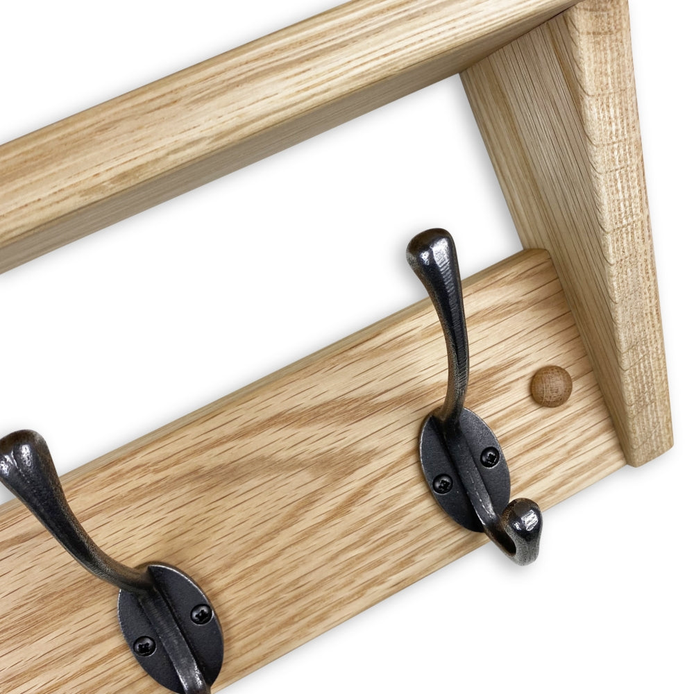 Oak Coat Rack with Shelf - Polished Cast Iron Double Hooks – Old Oak Barrel