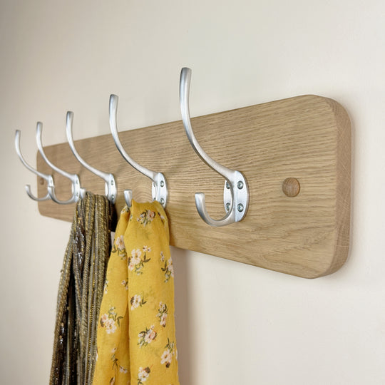 Curved Solid Oak Coat Rack - Satin Brushed Steel Hooks – Old Oak Barrel