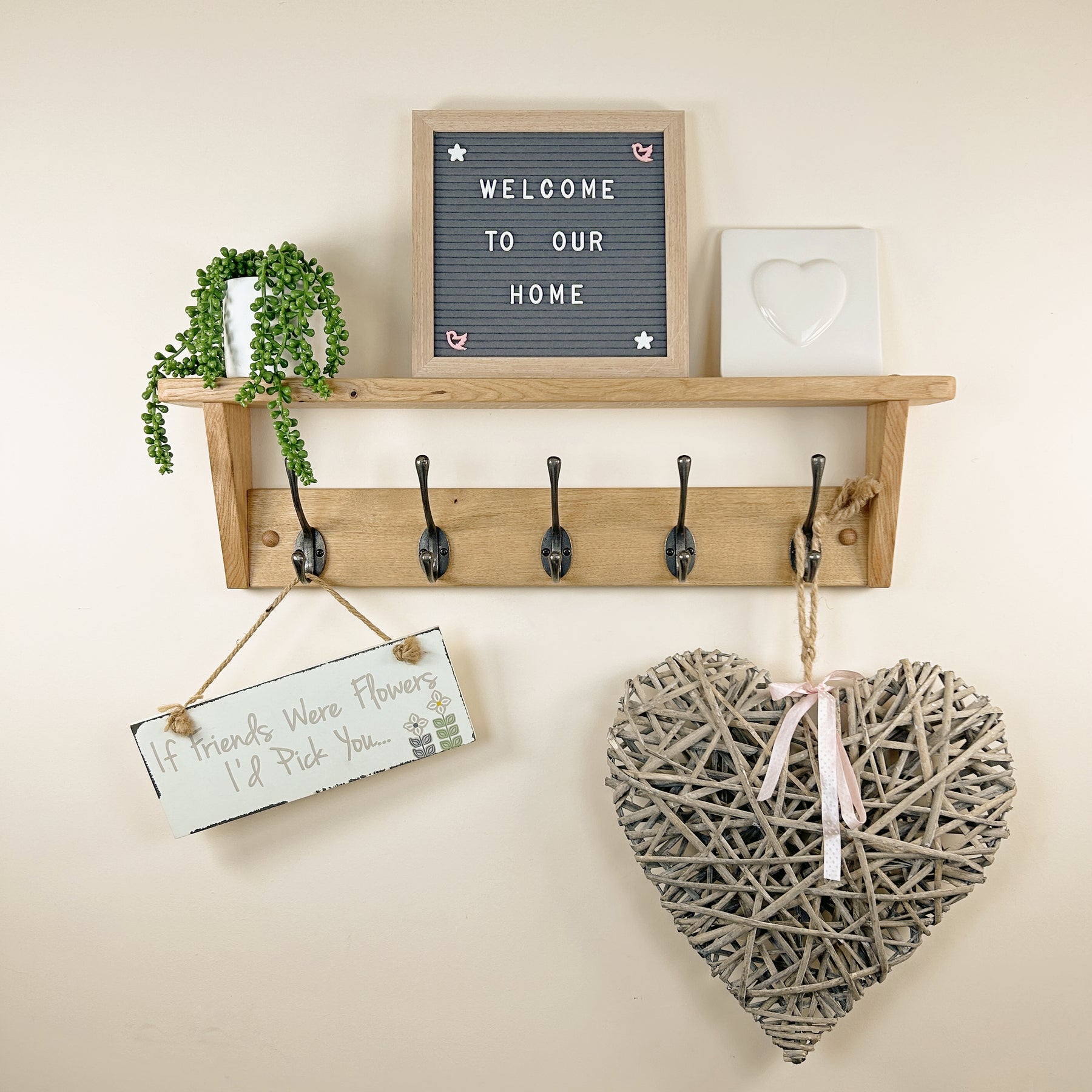 Oak Coat Rack with Shelf - Polished Cast Iron Double Hooks – Old Oak Barrel