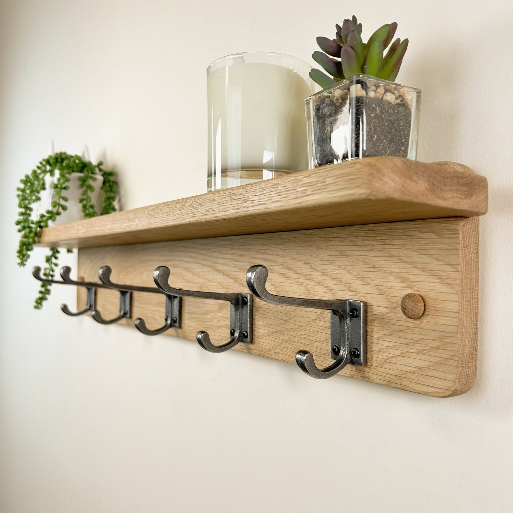 Oak Coat Rack with Integrated Shelf - Polished Cast Iron Double Hooks ...