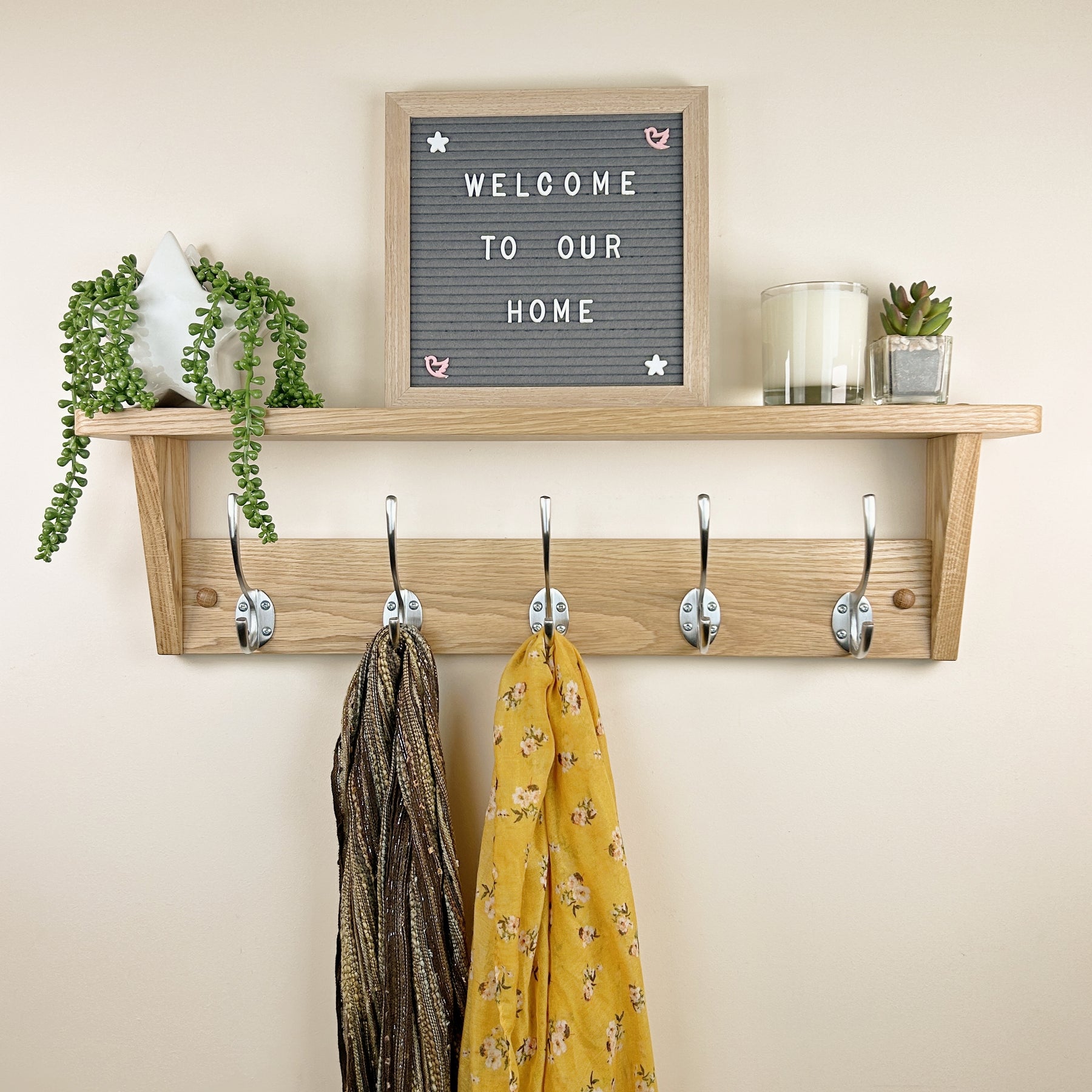 Oak Coat Rack with Shelf - Satin Brushed Steel Hooks – Old Oak Barrel