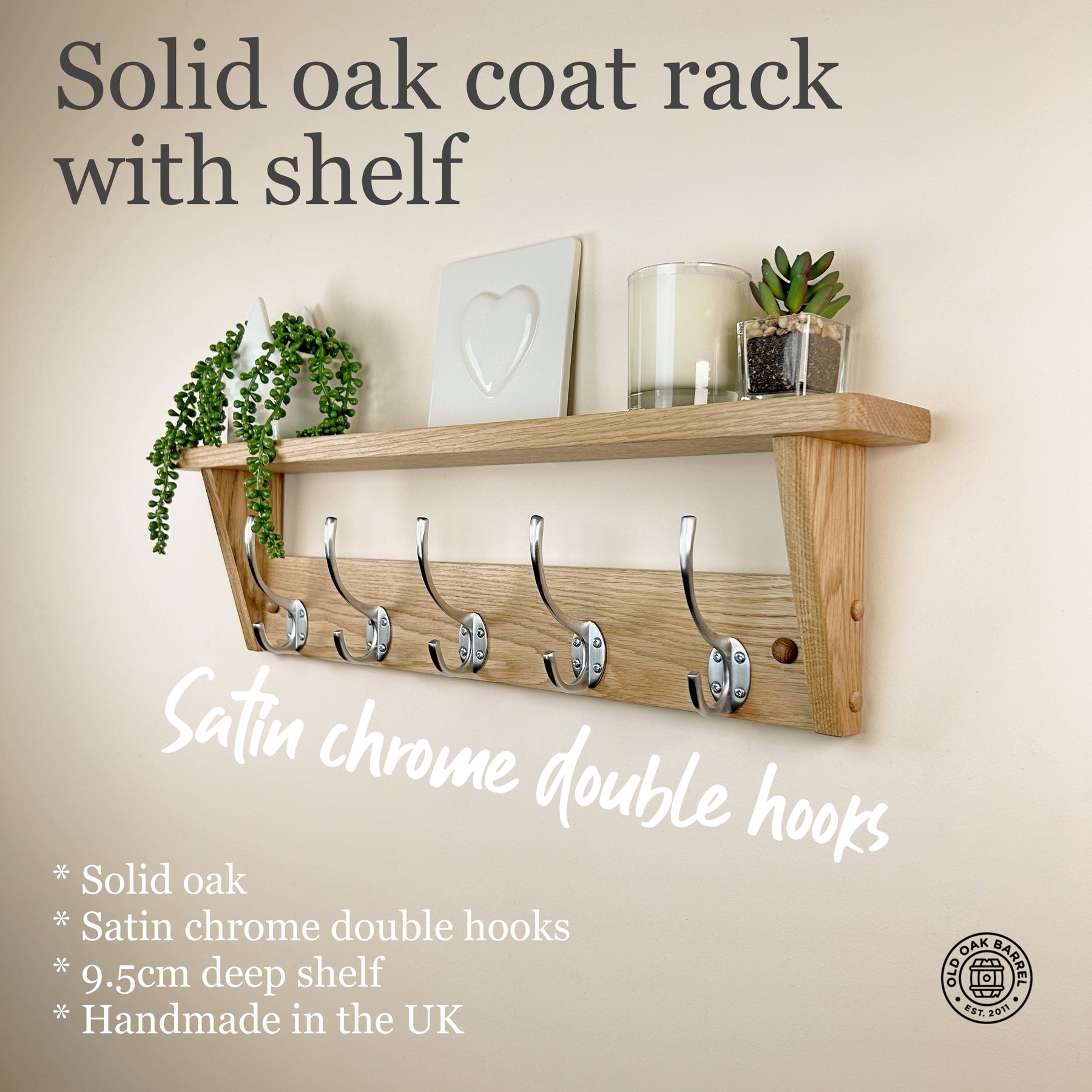 Oak Coat Rack with Shelf - Satin Brushed Steel Hooks – Old Oak Barrel