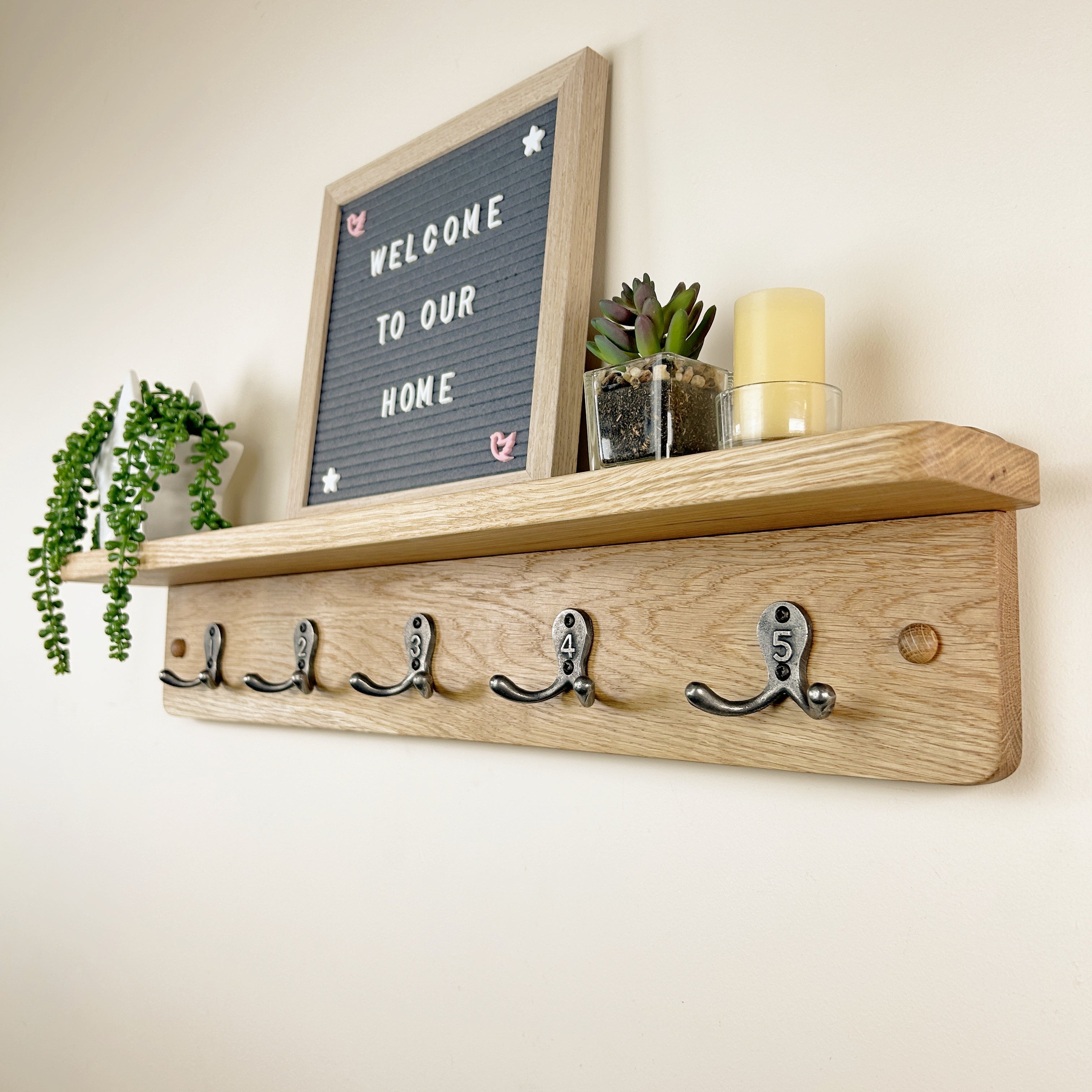 Oak Coat Rack with Integrated Shelf - 5 Cast Iron Numbered Hooks – Old ...