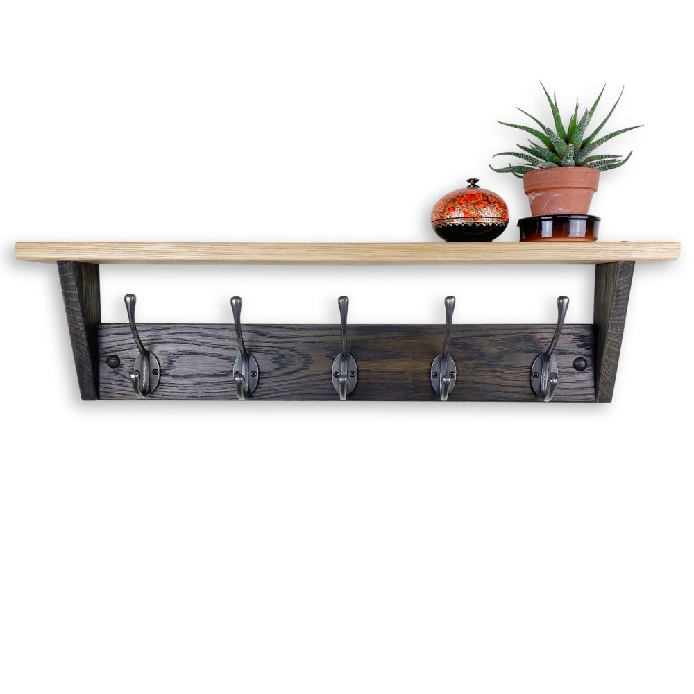 Hand-dyed Oak Rack with Shelf - White/Cream - Ebony - Cast Iron Hooks ...